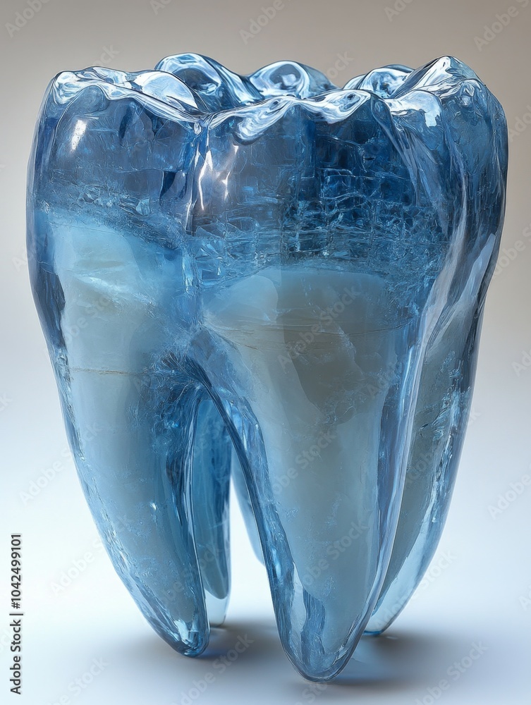 Escultura de una muela transparente de cristal azul, concepto de ...