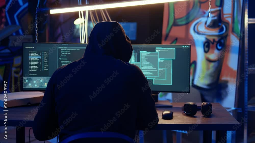 Hooded man in underground hideaway utilizing technical knowhow of bugs and exploits to break ...