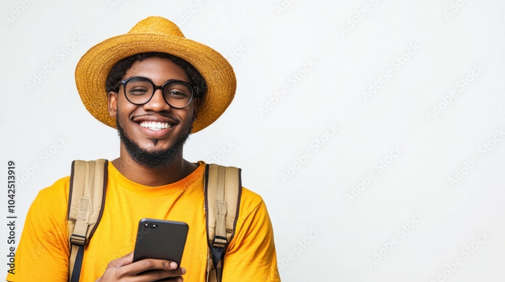 Traveler smiling brightly while scrolling through their phone, ready ...