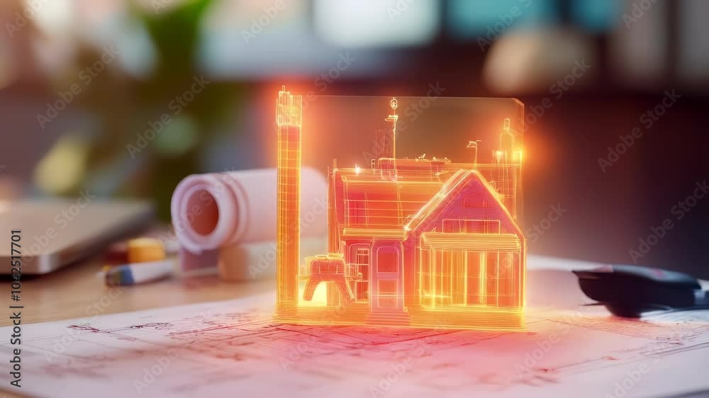 Innovative 3D Hologram Model of House on Architectural Blueprints ...