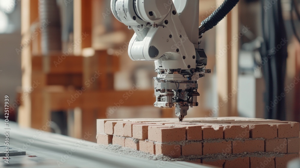 A robotic arm with a drill bit attached is positioned over a brick. The ...