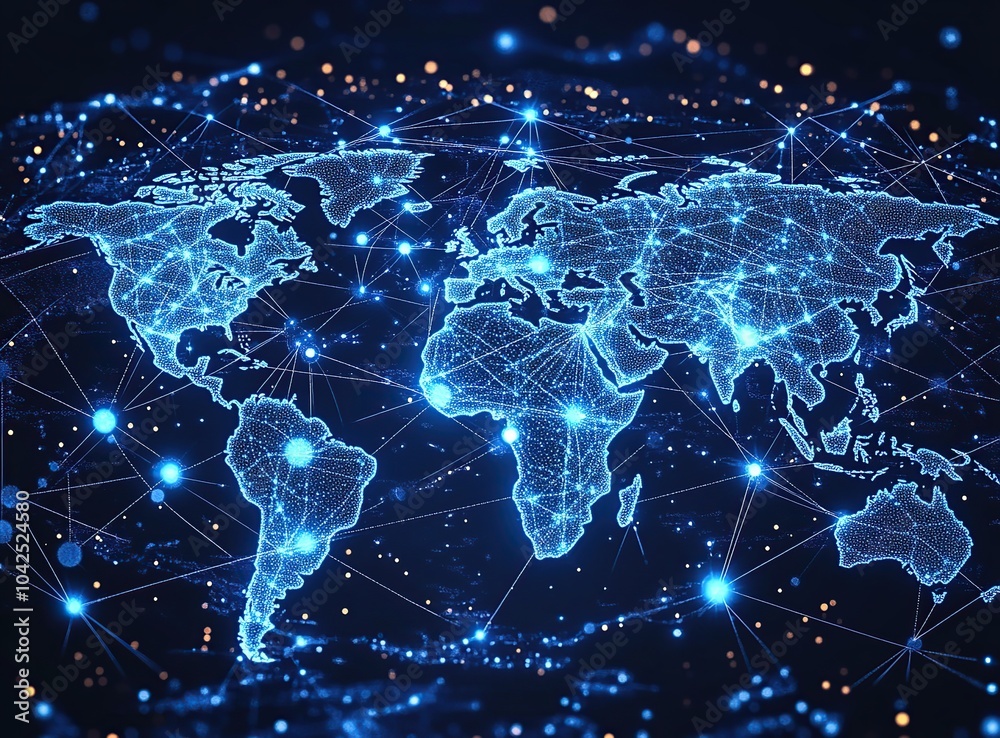 Abstract world map with glowing lines and nodes, representing global ...