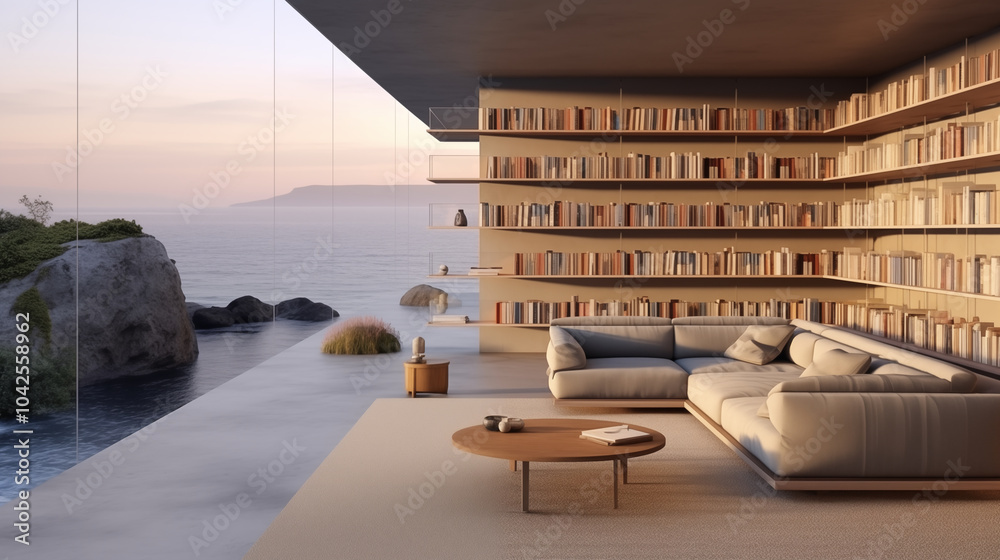 A modern library with bookshelves in an open air Zoom background ...