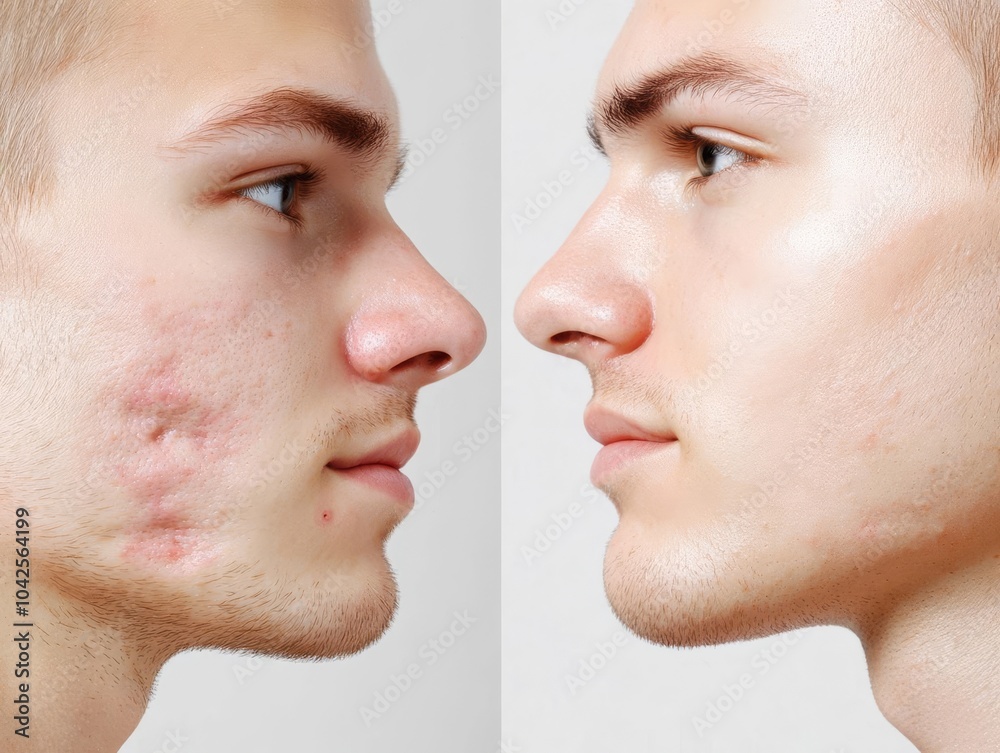 Before and after of a male s skin acne treatment, inflamed skin in the ...