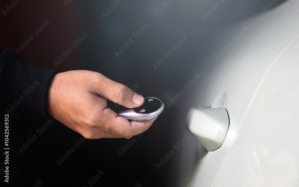 A man's hand holding a car remote to unlock the vehicle. The image ...