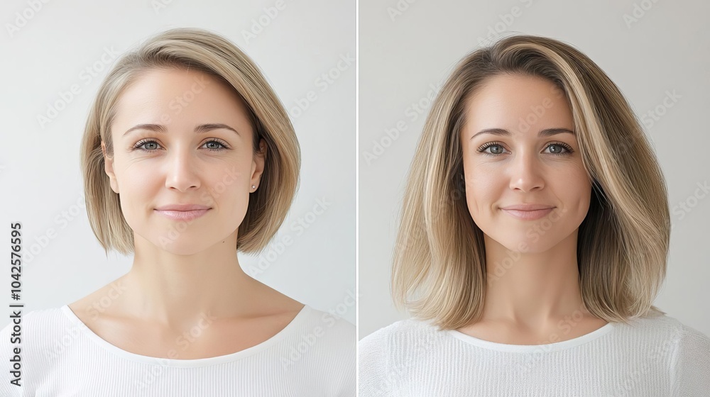 Before and after of hair extensions, showing short, thin hair and ...