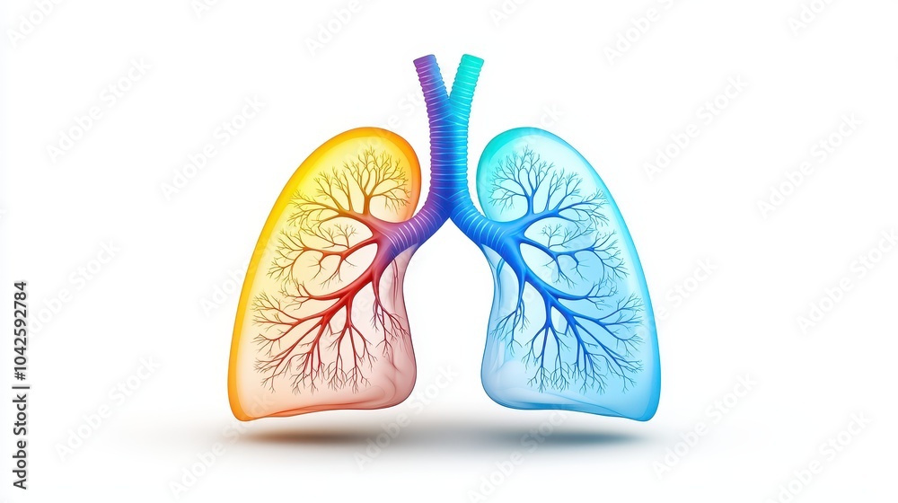 Simplified lungs diagram with color-coded bronchi and alveoli, set on a ...