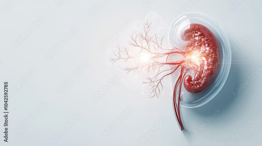 Simplified kidney diagram showing the nephrons and blood vessels ...