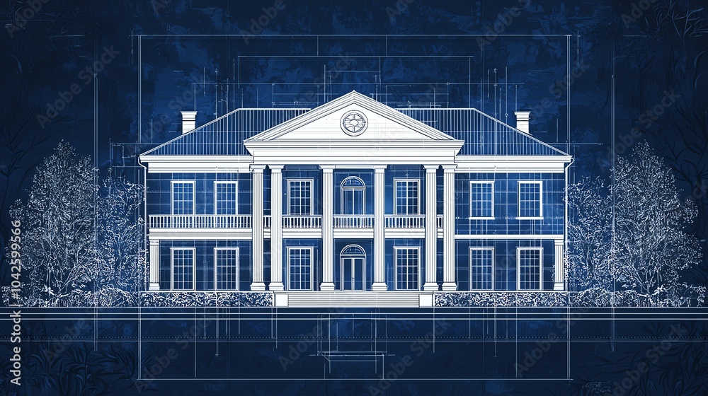 Architectural blueprint of a classic mansion with detailed drawings ...