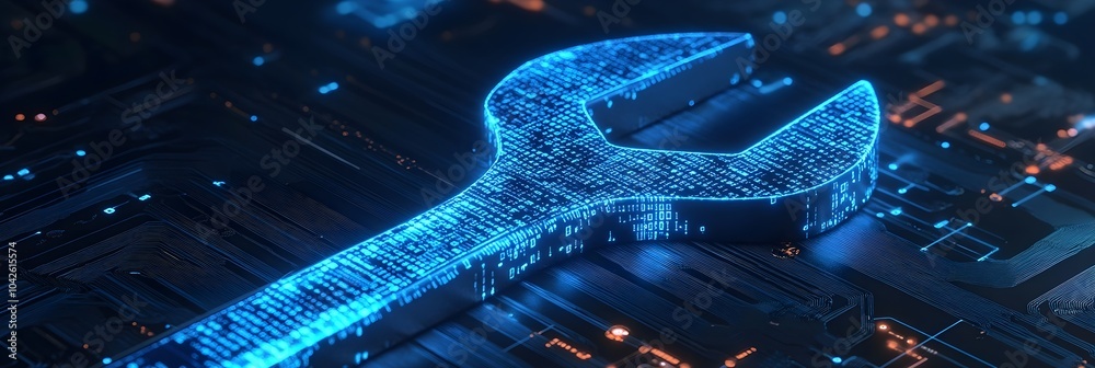 Blue digital wrench spanner with glowing binary code, AI in maintenance ...