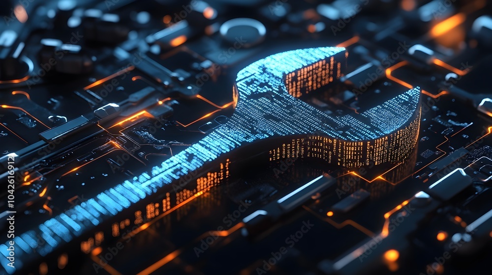 Blue digital wrench spanner with glowing binary code, AI in maintenance management systems ...