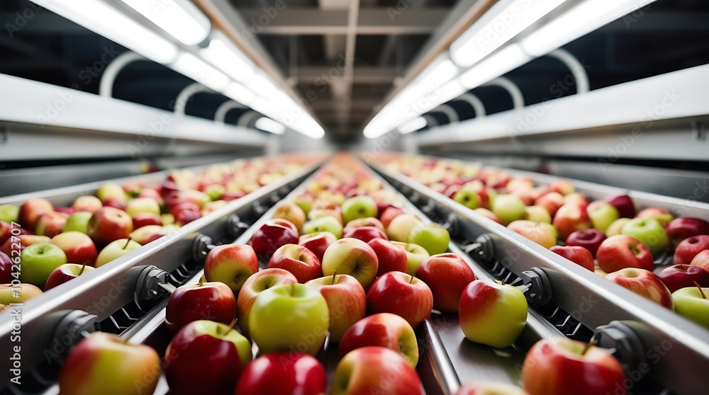 Apples in a food processing facility, clean and fresh, ready for ...