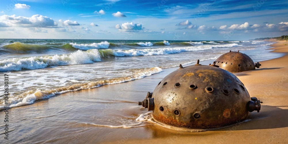 Sea mines washing ashore on a beach, sea mines, floating, waves, danger ...
