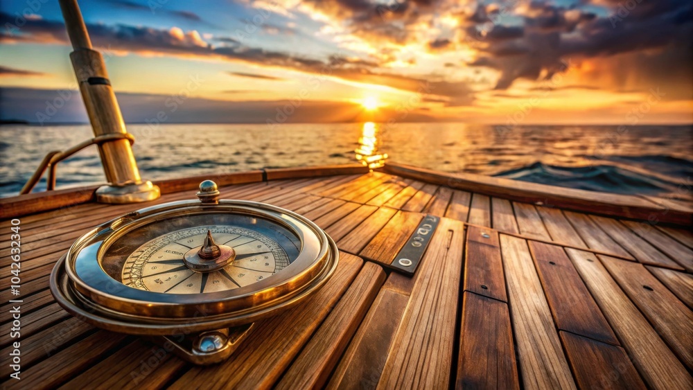 Vintage compass on wooden sailboat deck at sunset, sailboat, vintage ...