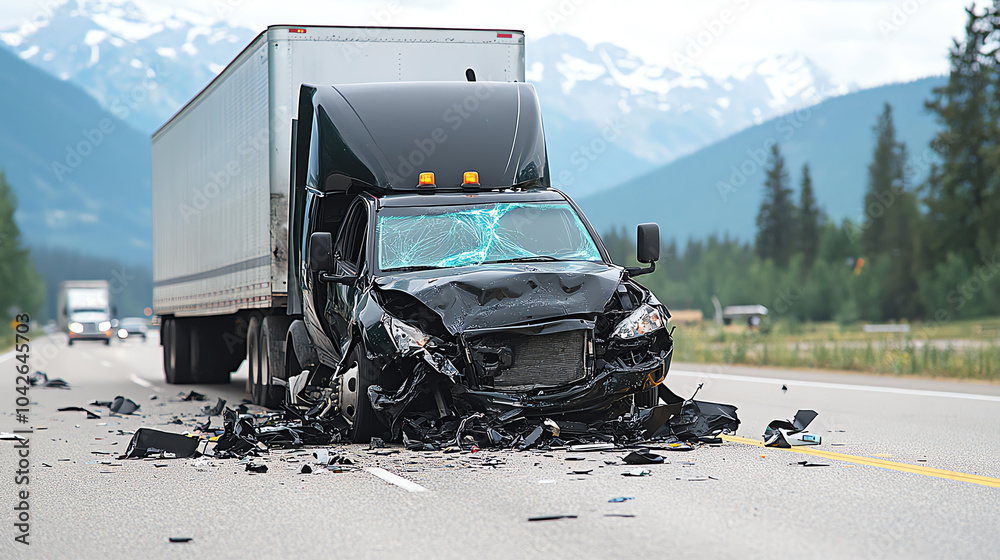 A damaged black truck on a highway with a scenic mountain backdrop. The ...