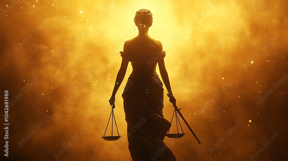 The silhouette of Lady Justice holding scales and a sword against a ...