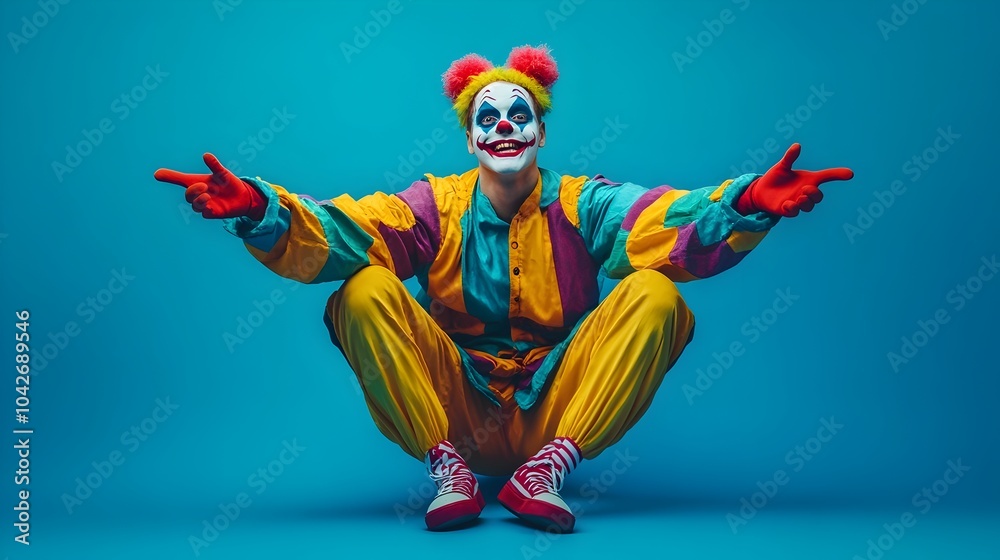 Portrait of a mischievous street performer dressed in a vibrant ...
