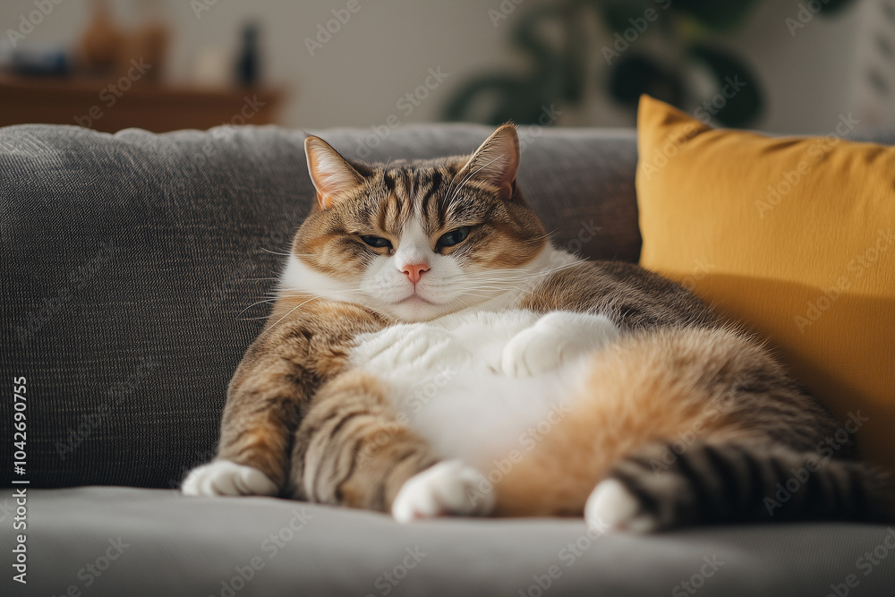 Cute fat and chubby cat in home atmosphere, home scandinavian interior ...
