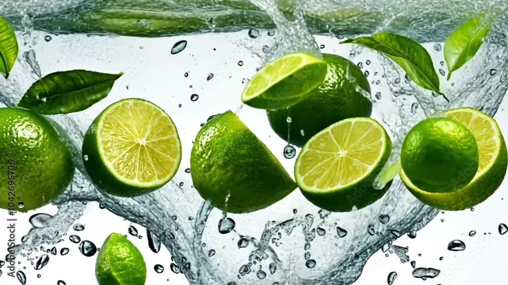 Fresh limes splashing with leaves, Fresh limes splashing with cut leaves on a white background ...