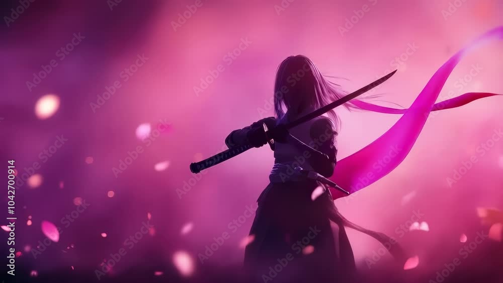 Mysterious warrior in dramatic motion, poised with sword amidst ...