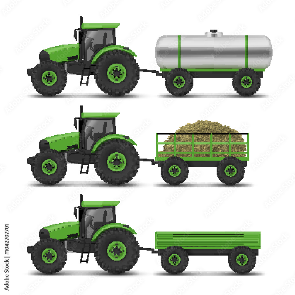 Different types of agricultural tractors with various trailers isolated ...
