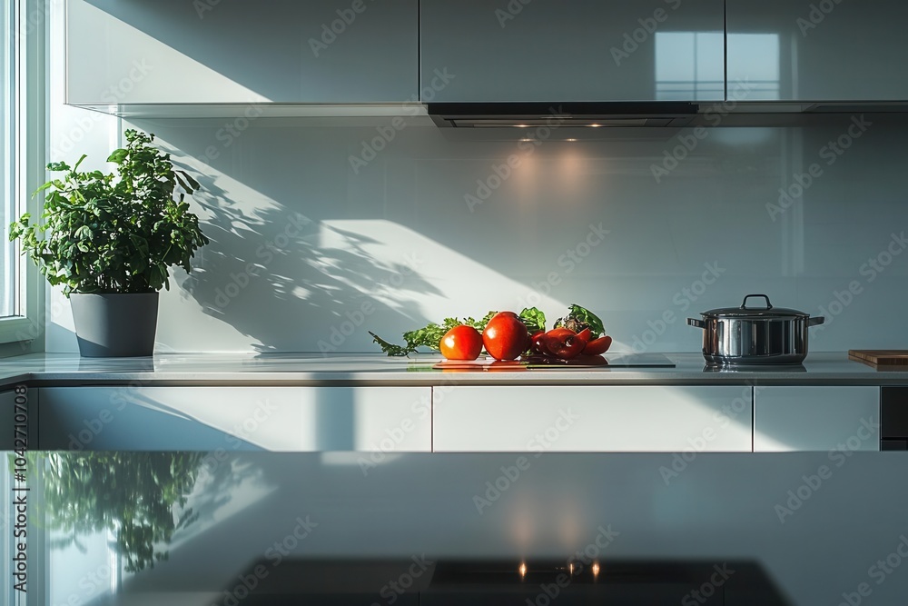 Clean kitchen with minimalist design, surfaces shining, representing ...