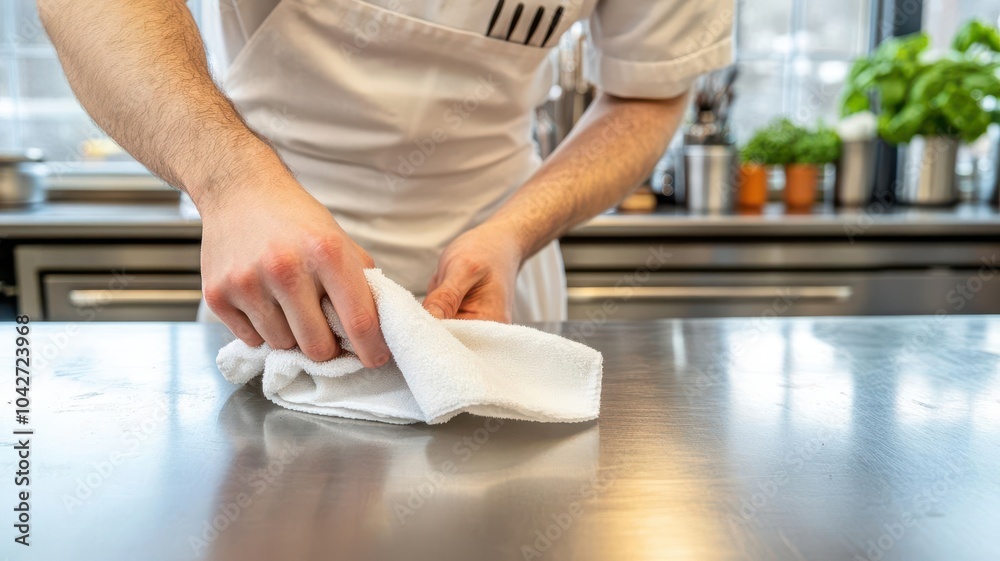 Chef cleaning stainless steel surfaces with a cloth, focus on ...