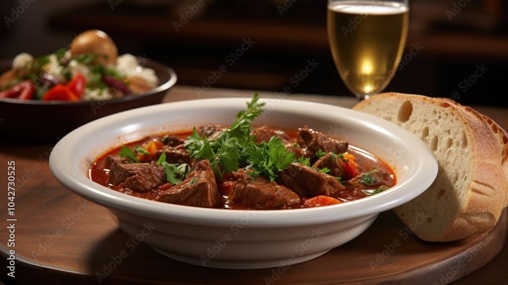 An elegant presentation of goulash served in a deep bowl, with a ...