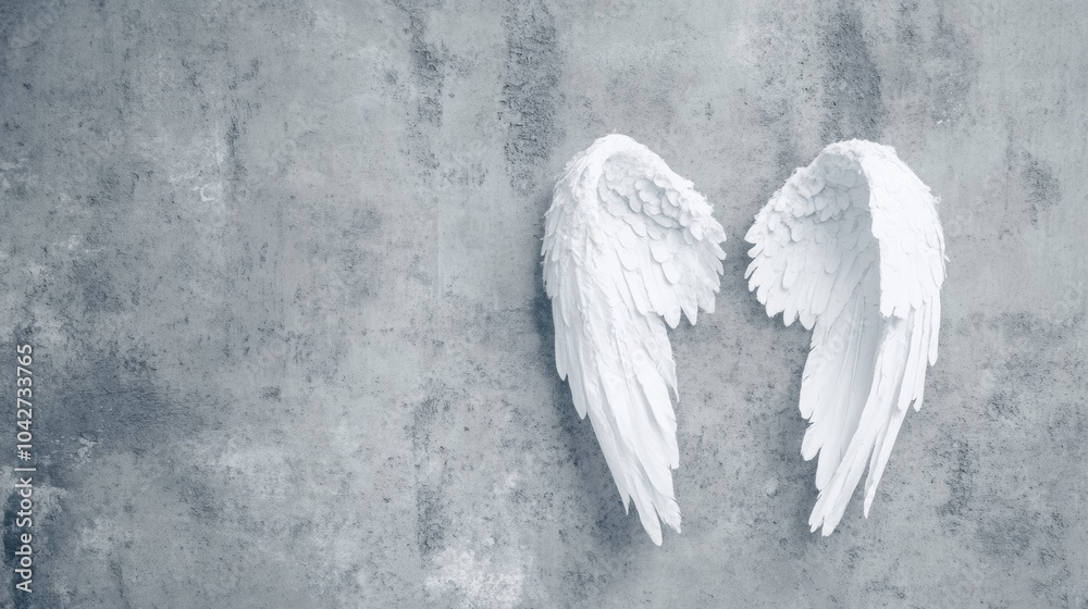 Delicate white angel wings rest against a soft gray surface, evoking ...