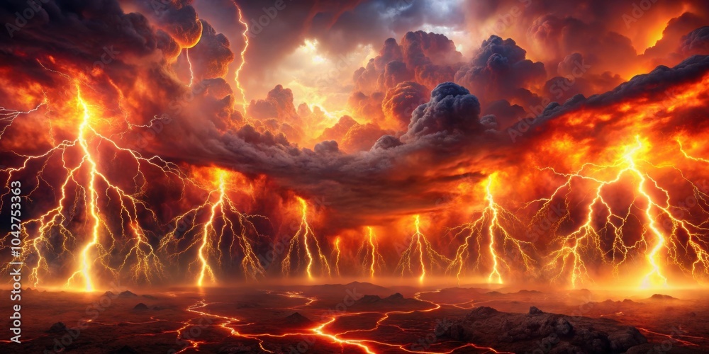 Dramatic image of hell realm with bright lightnings in apocalyptic sky ...