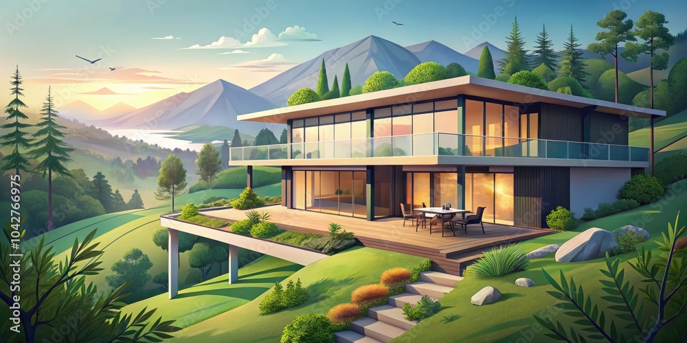 Isometric House on a Hill: Serene Landscape, Architectural Design ...