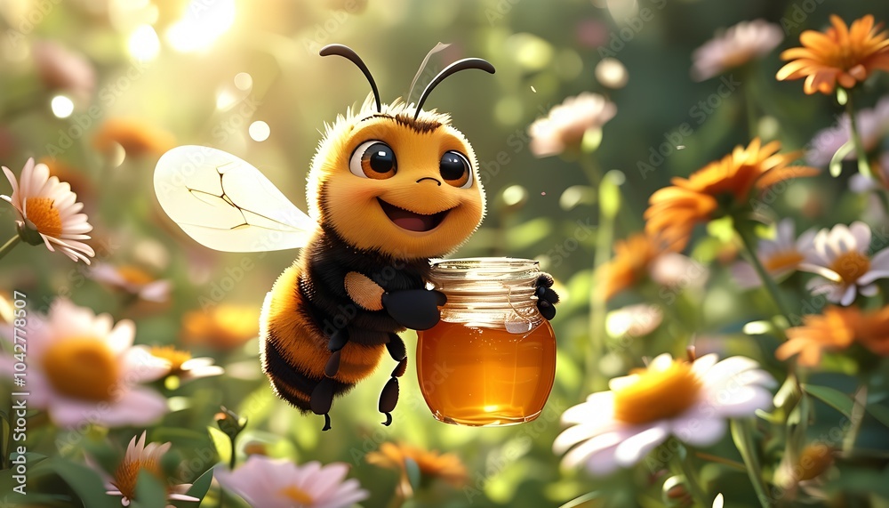 A cheerful animated bee holding a jar of honey amidst a colorful floral ...