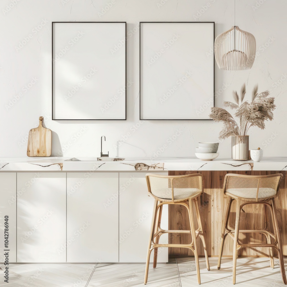 Minimalistic kitchen interior with countertop and bar stools. Kitchen ...