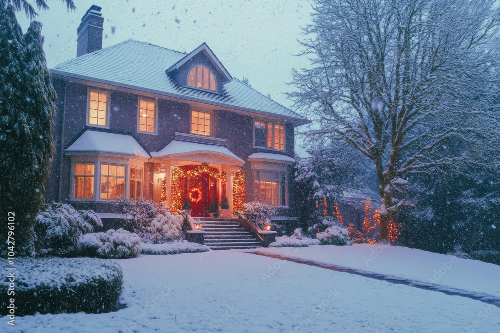 Illuminated cozy family house adorned with festive Christmas lights and ...