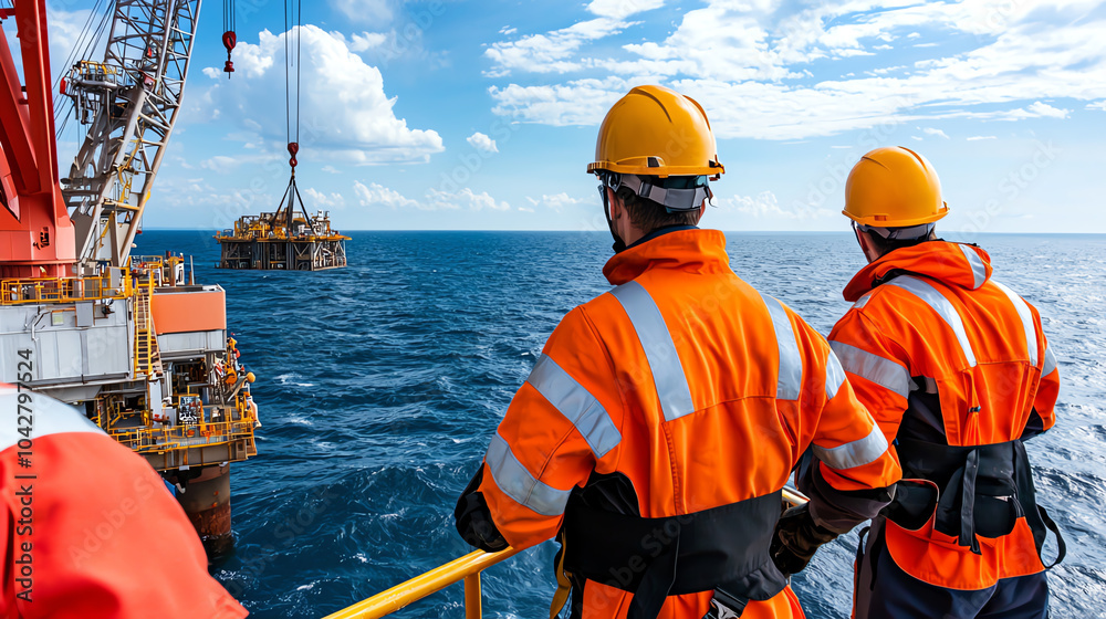 Workers conducting crane inspections on offshore oil rig ensuring ...