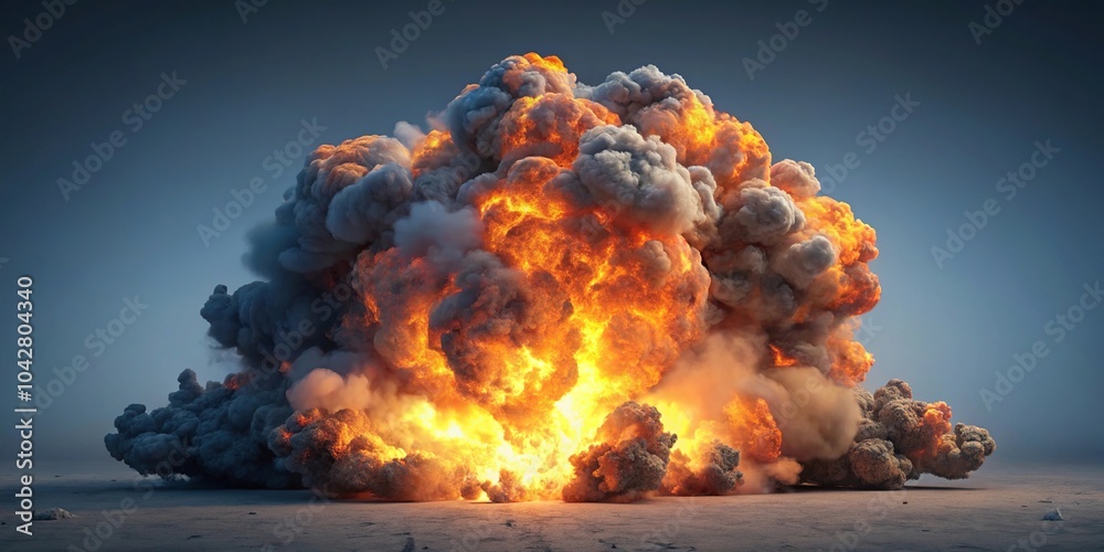 Explosion of a large fireball with smoke and fire isolated on white ...