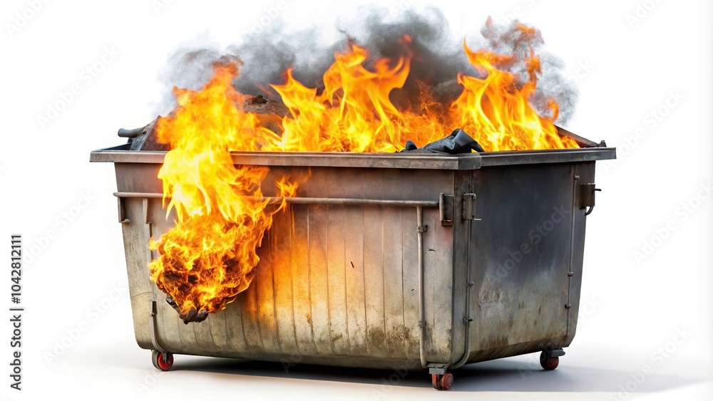 Isolated trash burning in an uncontrollably raging dumpster on a white ...
