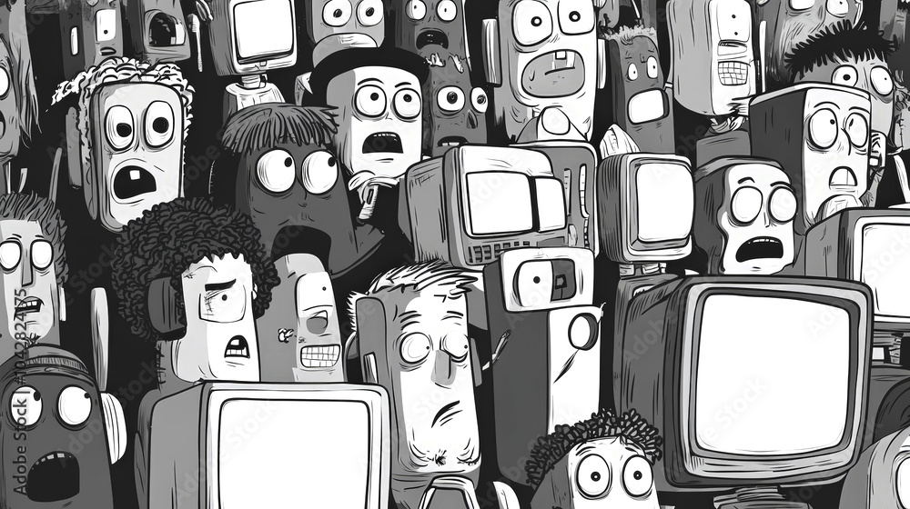 crowd of cartoon characters with television heads displays range of ...