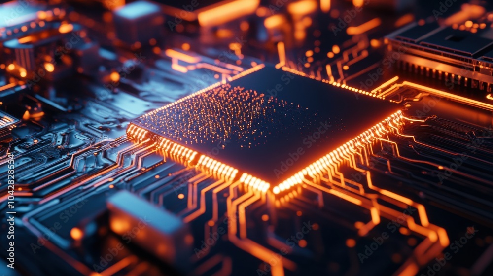 An extreme close-up of a quantum processor chip, showing superconducting qubits and quantum ...