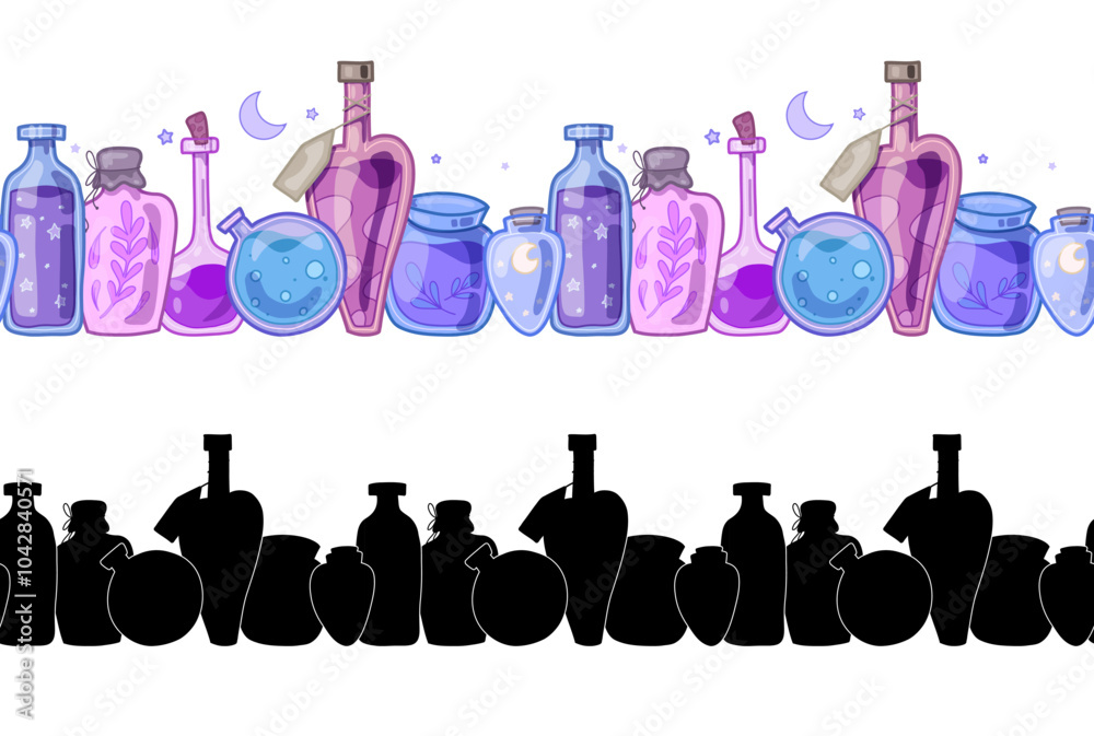 Set of seamless borders with colorful and black silhouette magic ...