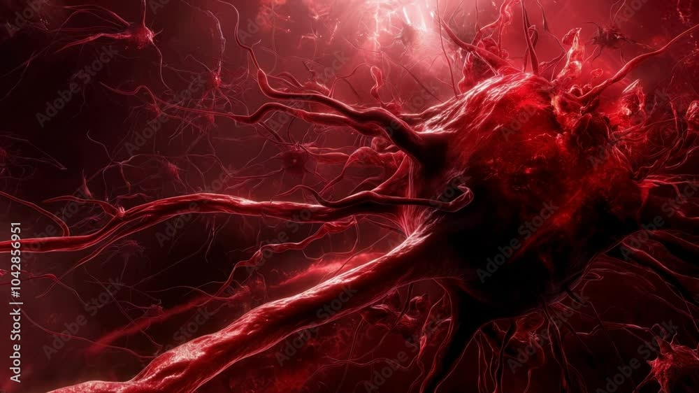 A red, organic mass with branching tendrils extending outward ...