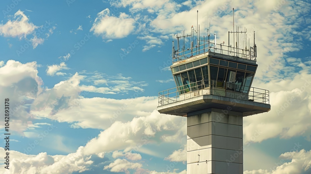 Control tower overseeing airplane takeoff during sunrise. Aviation ...