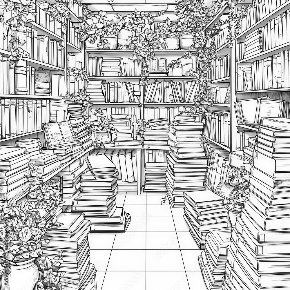 A charming bookstore filled with books, coloring page for kids, simple ...