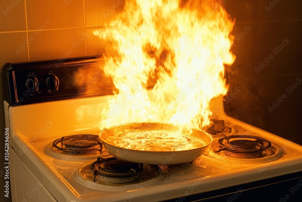 Fire erupting on a stovetop with a person attempting to extinguish it ...