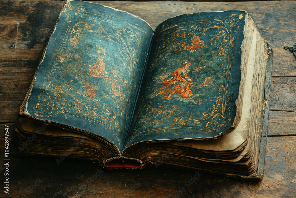 Open Storybook Lying On A Wooden Table, With Illustrated Scenes And ...