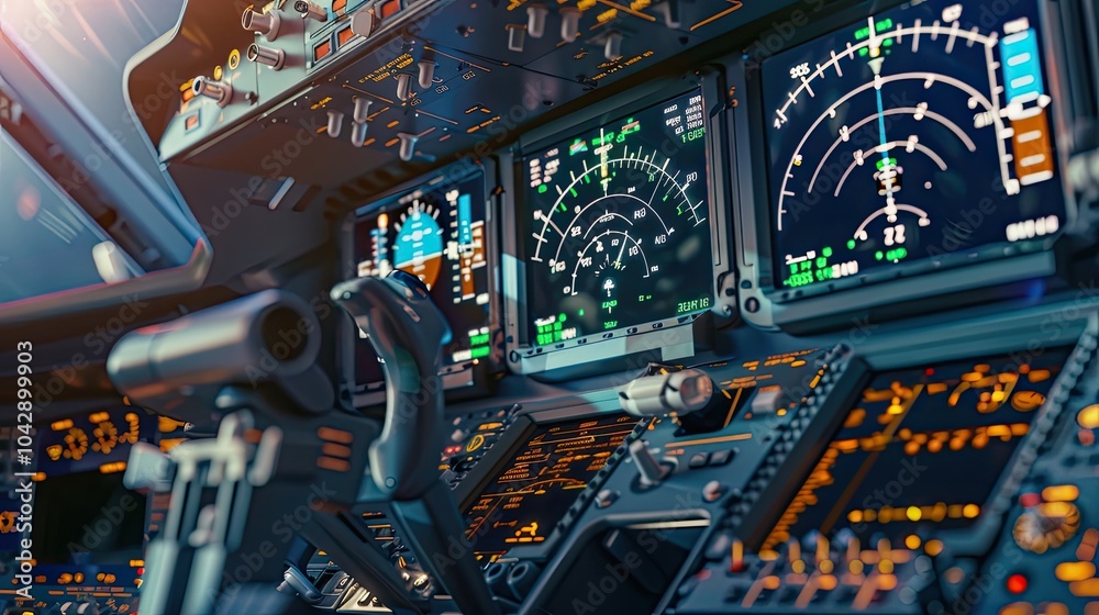 Airplane cockpit with illuminated control panel and flight instruments ...