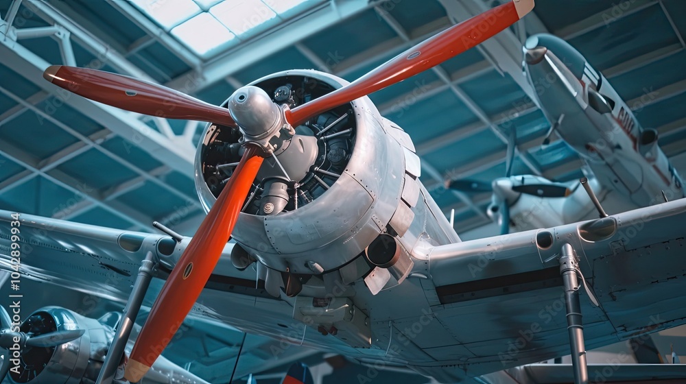 Close-up of a vintage airplane propeller in a hangar. The aircraft's ...