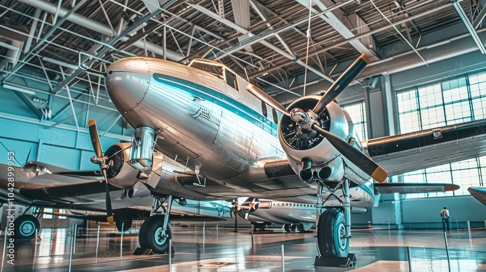 Close-up of a vintage airplane propeller in a hangar. The aircraft's ...