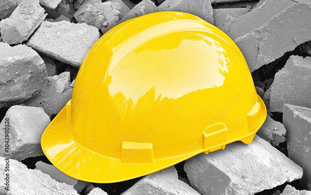 Yellow hard hat lying on rubble beside a construction worker s arm ...