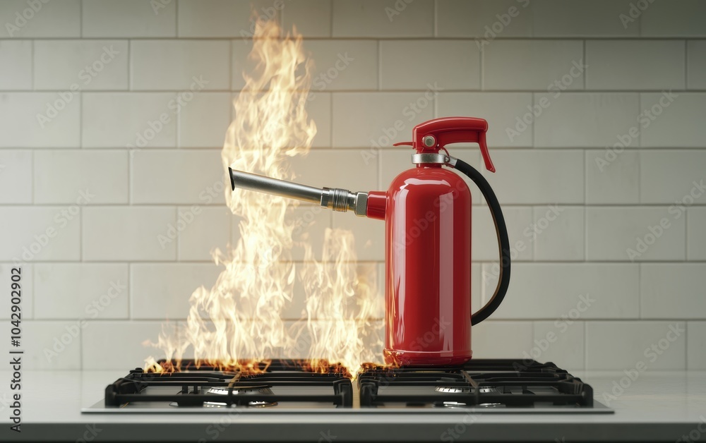 Close-up of a fire extinguisher aimed at a burning stove, intense ...